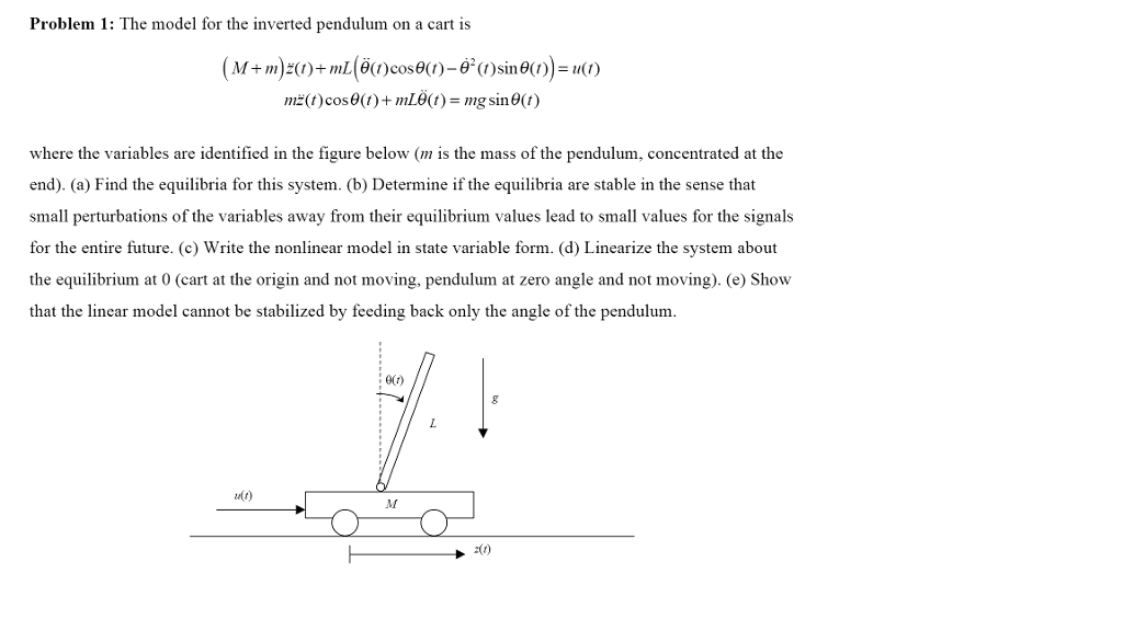 The model for the inverted pendulum on a cart is (M | Chegg.com
