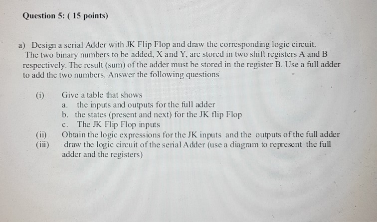Solved Question 5: (15 points) Design a serial Adder with JK | Chegg.com Solved Question 5: (15 points) Design a serial Adder with JK | Chegg.com