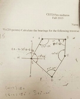 Calculate the bearing for the following traverse. | Chegg.com