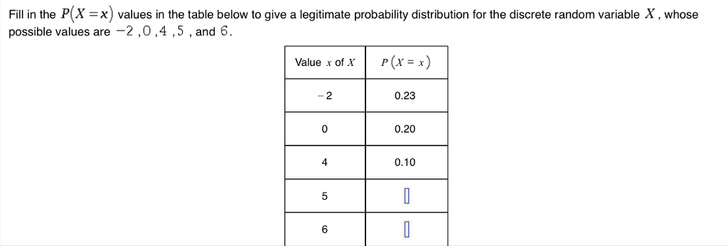 Solved Fill in the P(X =x) values in the table below to give | Chegg.com