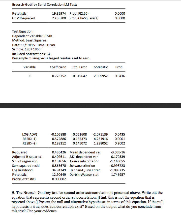 Breusch-Godfrey Serial Correlation LM Test: The | Chegg.com