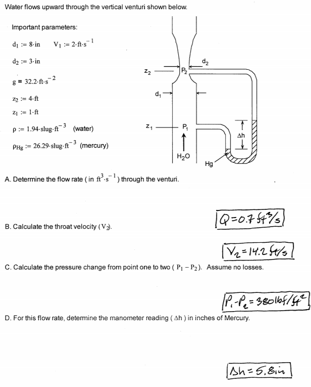 Solved Water flows upward through the vertical venturi shown | Chegg.com