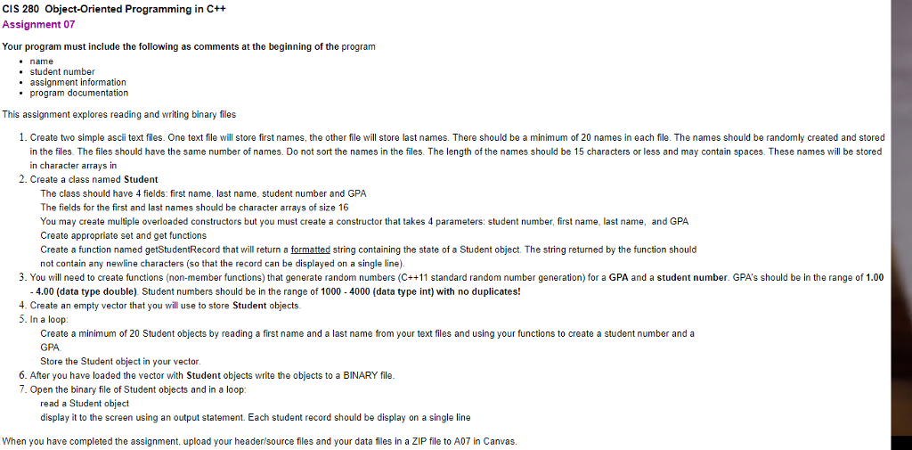 Solved Cis 280 Object-oriented Programming in C++ Assignment | Chegg.com