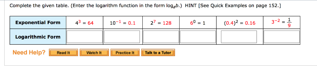 Solved Complete the given table. (Enter the logarithm | Chegg.com