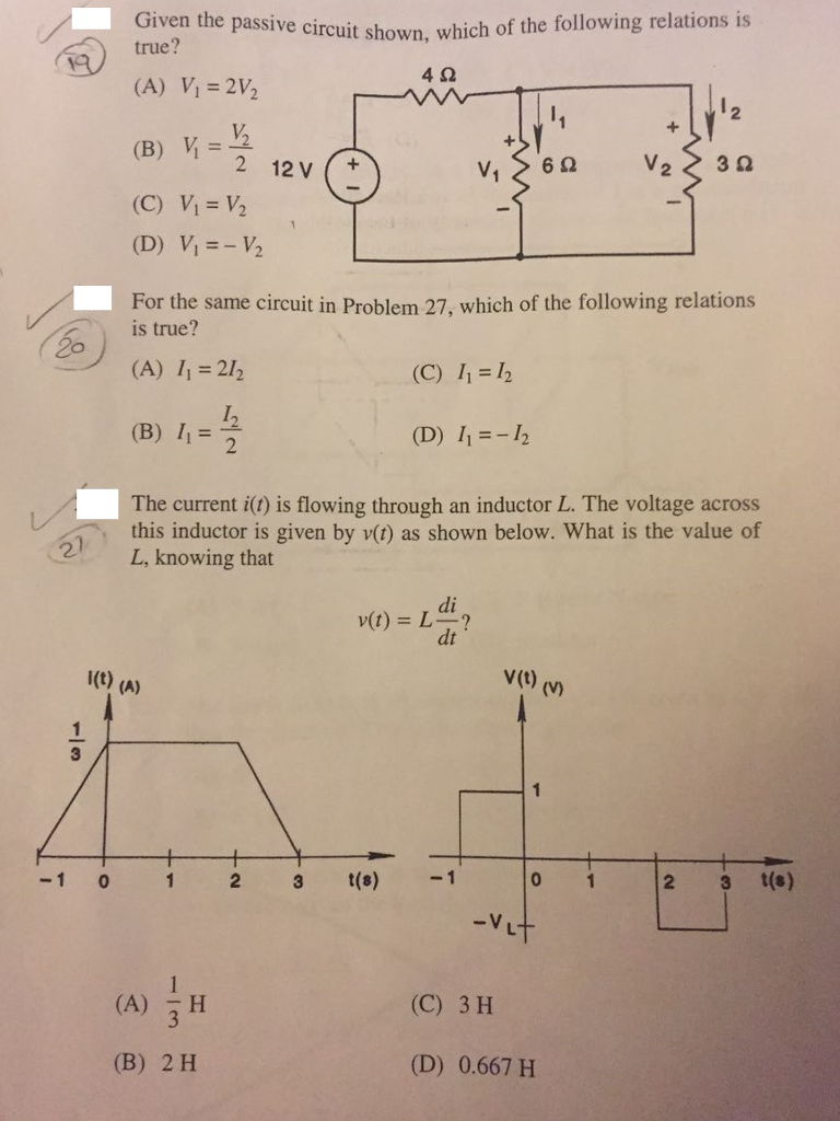 Solved Given the passive circuit shown, relations which of | Chegg.com