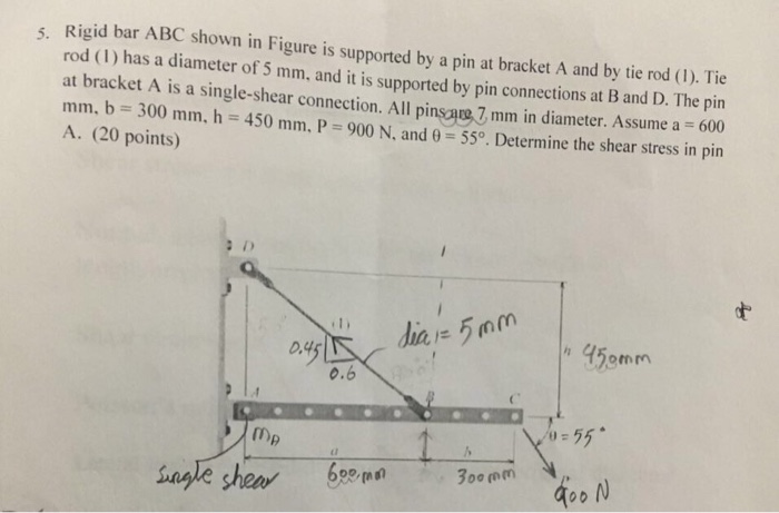 Solved Rigid bar ABC shown in Figure is supported by a pin | Chegg.com