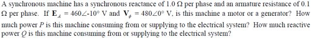 Solved A synchronous machine has a synchronous reactance of | Chegg.com