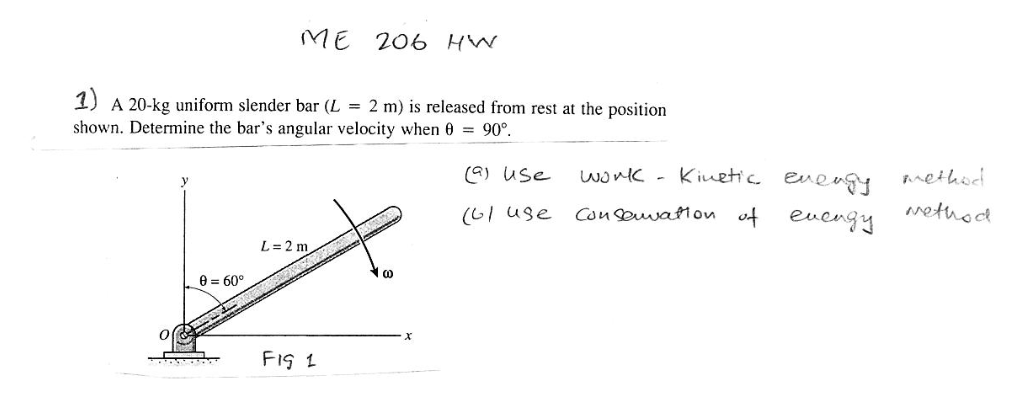 Solved 1) A 20-kg uniform slender bar (L = 2 m) is released | Chegg.com
