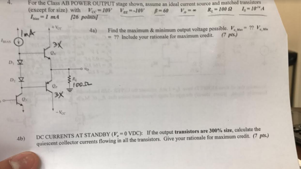 Solved For the Class AB POWER OUTPUT stage shown, assume an | Chegg.com