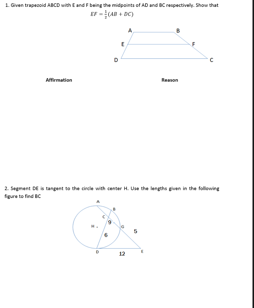 Solved Given trapezoid ABCD with E and F being the midpoints | Chegg.com