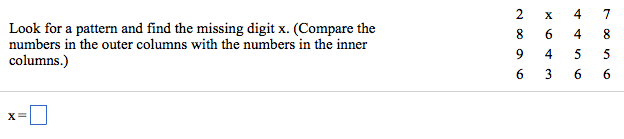 Solved Look for a pattern and find the missing digit x. | Chegg.com