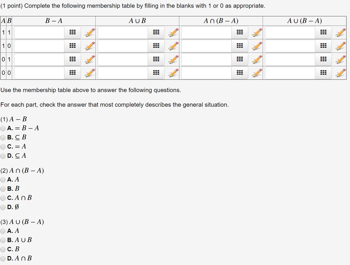 Solved Complete the following membership table by fillingun | Chegg.com