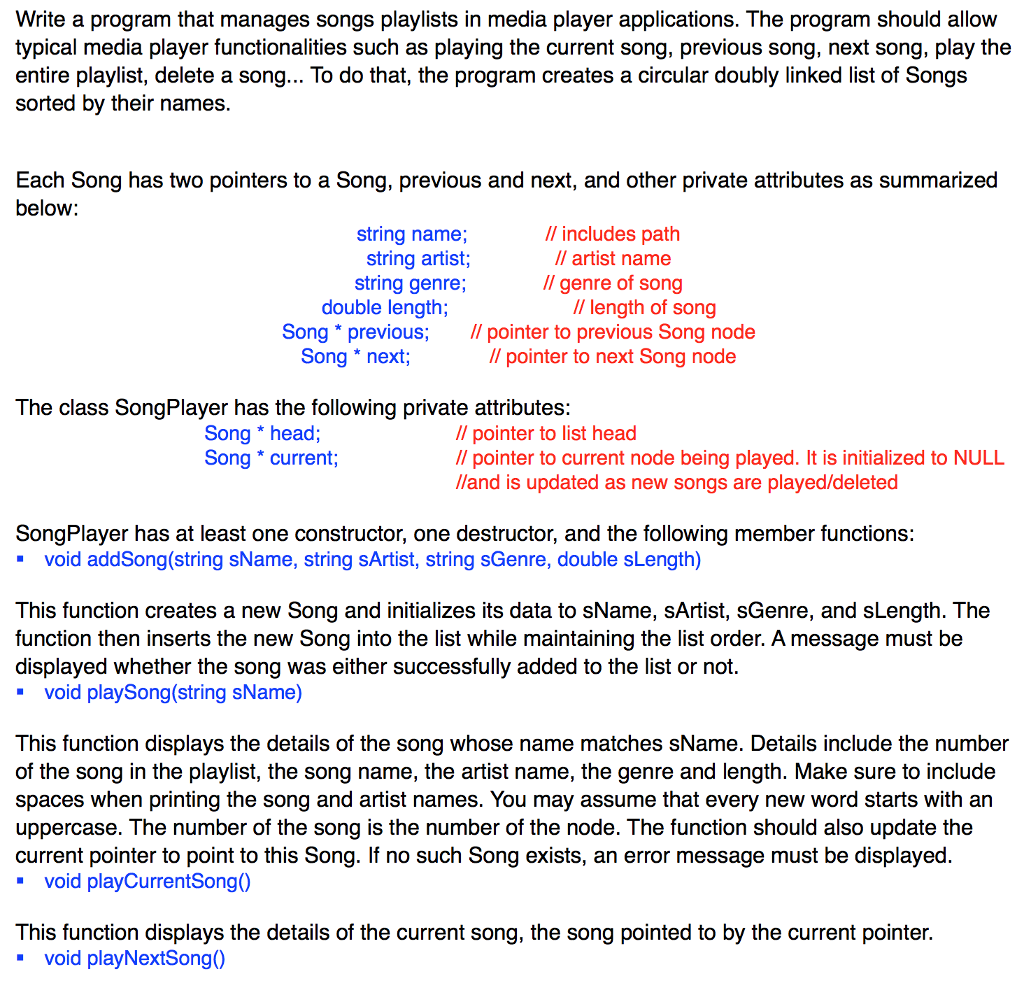 Solved Write a program that manages songs playlists in media | Chegg.com