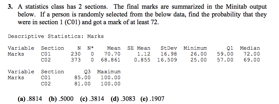 Solved 3. A statistics class has 2 sections. The final marks | Chegg.com