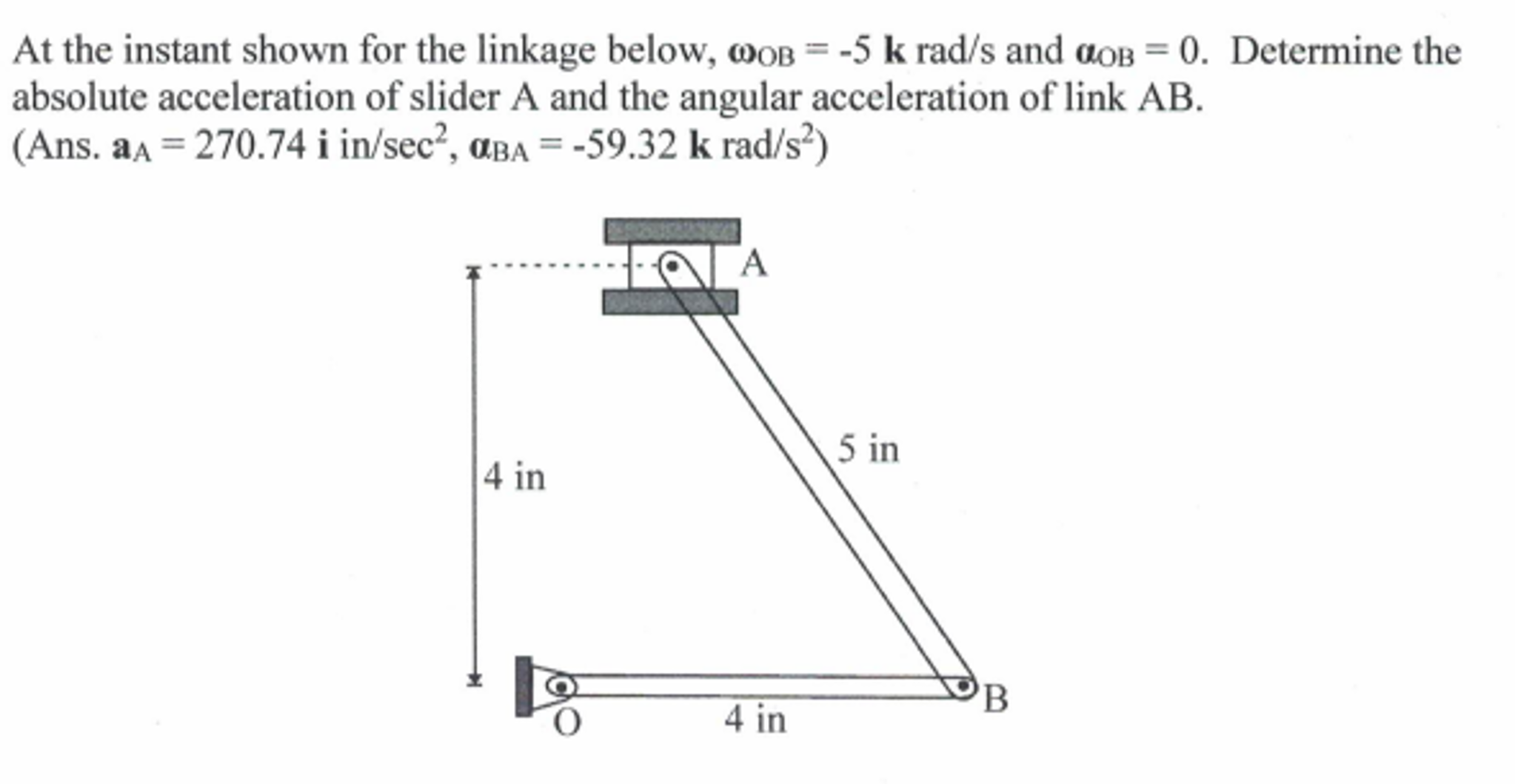 Solved At the instant shown for the linkage below, omega_OB | Chegg.com