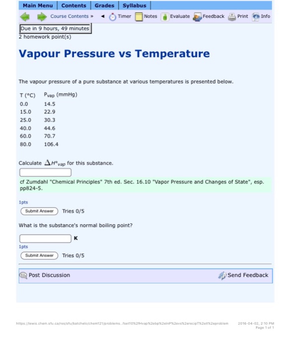 Solved The vapour pressure of a pure substance at various | Chegg.com