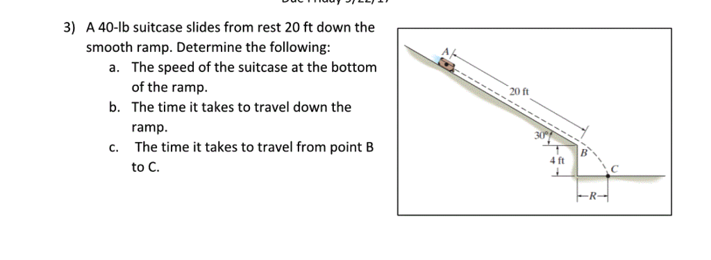 Solved A 40-lb suitcase slides from rest 20 ft down the | Chegg.com
