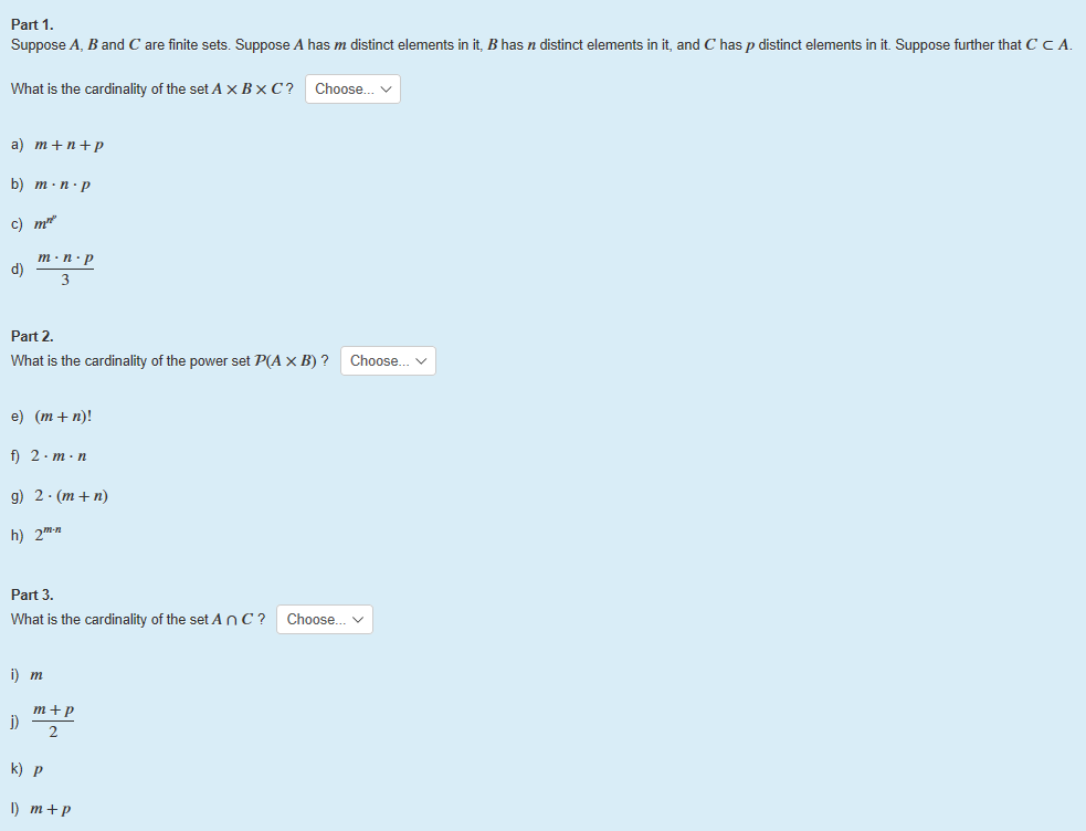 Solved Part 1 Suppose A, B and C are finite sets. Suppose A | Chegg.com
