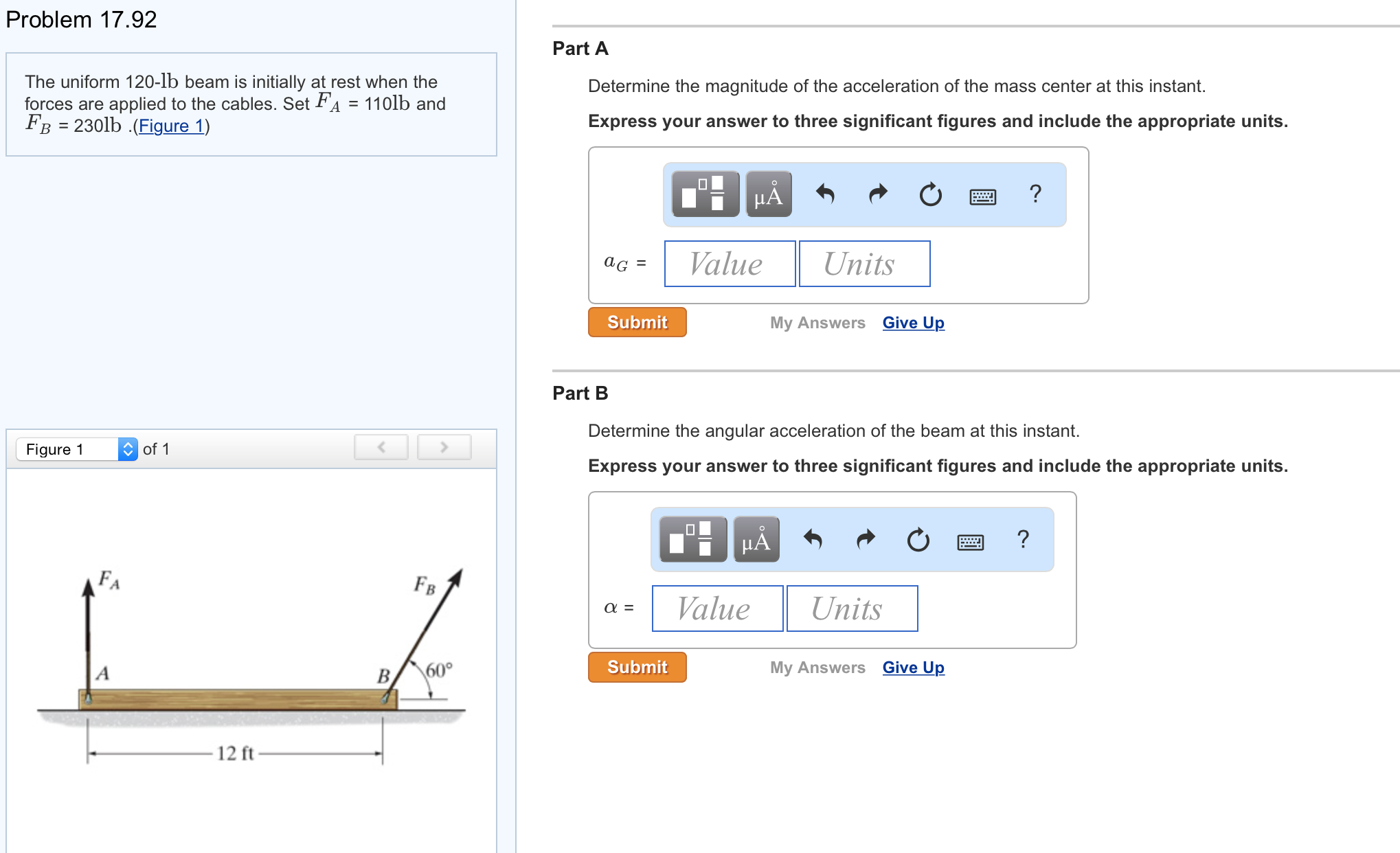 Problem 17.92 The uniform 120-lb beam is initially at | Chegg.com