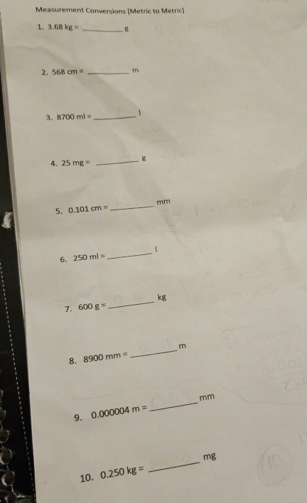 Solved Measurement Conversions (Metric to Metric) 1. 3.68 kg | Chegg.com