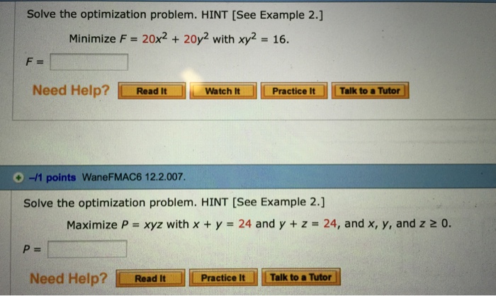 Solved Solve the optimization problem. Minimize F = 20 x^2 | Chegg.com