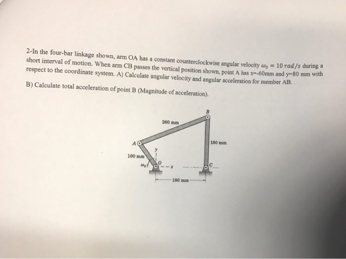 Solved In the four-bar linkage shown, arm OA has a constant | Chegg.com