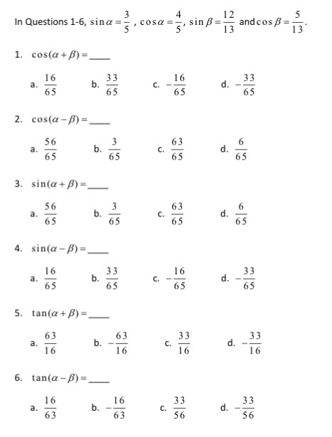 Solved In Questions 1-6, sin alpha = 3/5, cos alpha = 4/5, | Chegg.com