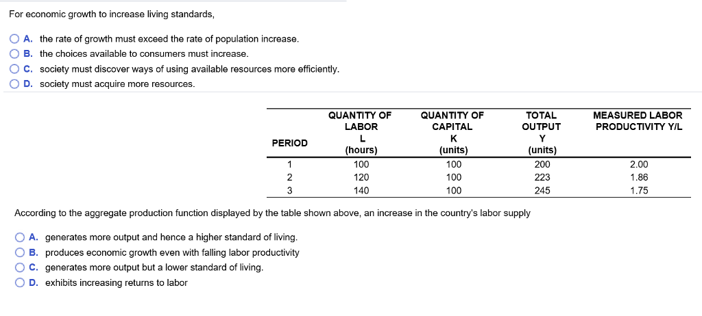 Solved For economic growth to increase living standards, 0 | Chegg.com