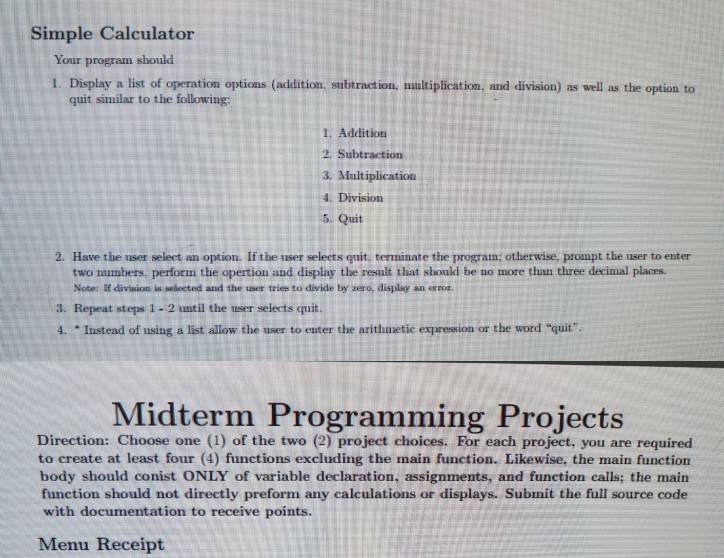 Solved Simple Calculator Your program should 1. Display a | Chegg.com
