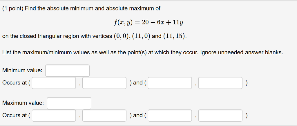 Solved (1 point) Find the absolute minimum and absolute | Chegg.com