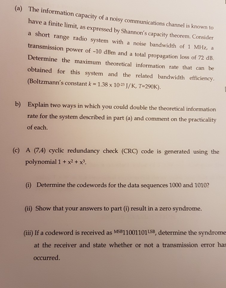 Solved (a) The information capacity of a noisy | Chegg.com