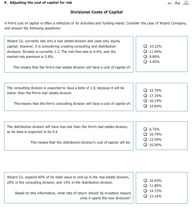 Solved 9. Adjusting the cost of capital for risk Aa Aa | Chegg.com