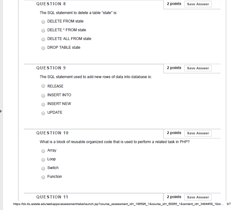 Solved QUESTION 8 2 points Save Answer The SQL statement to | Chegg.com Solved QUESTION 8 2 points Save Answer The SQL statement to | Chegg.com
