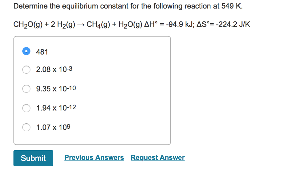 Solved Determine the equilibrium constant for the following | Chegg.com