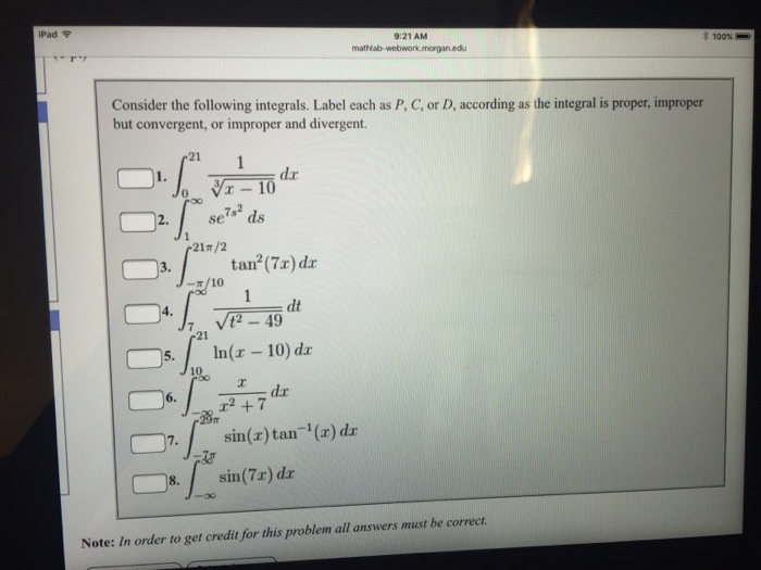 Solved iPad 9:21 AM 8 100% Consider the following integrals. | Chegg.com
