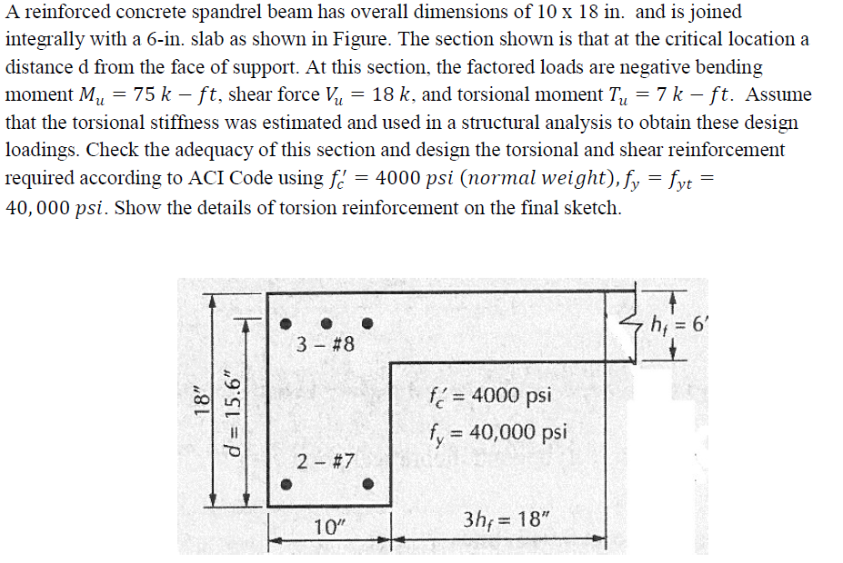 Solved A reinforced concrete spandrel beam has overall | Chegg.com