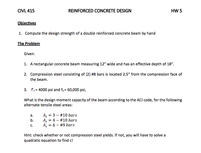 Solved CIVL 415 REINFORCED CONCRETE DESIGN HW5 1. Compute | Chegg.com