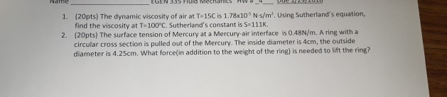 Solved (20pts) The dynamic viscosity of air at T 15C is | Chegg.com