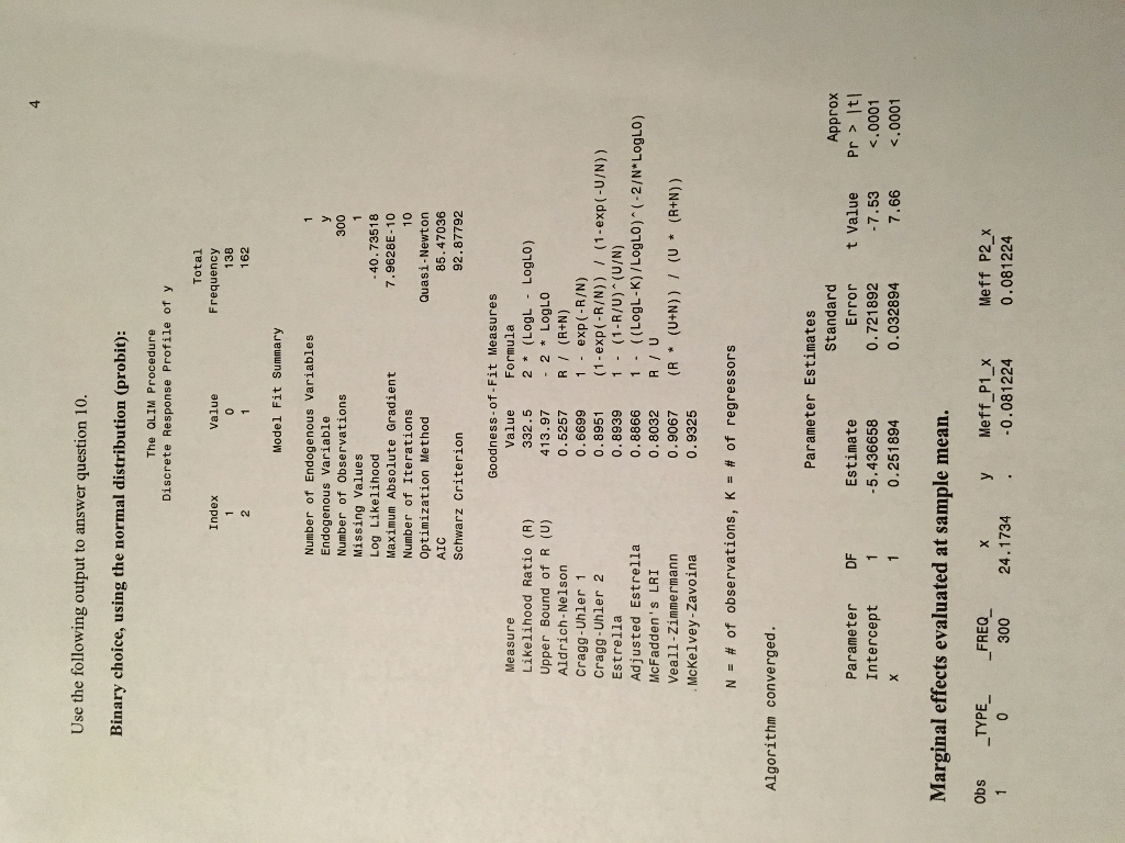 10. Consider the SAS output from a probit model | Chegg.com