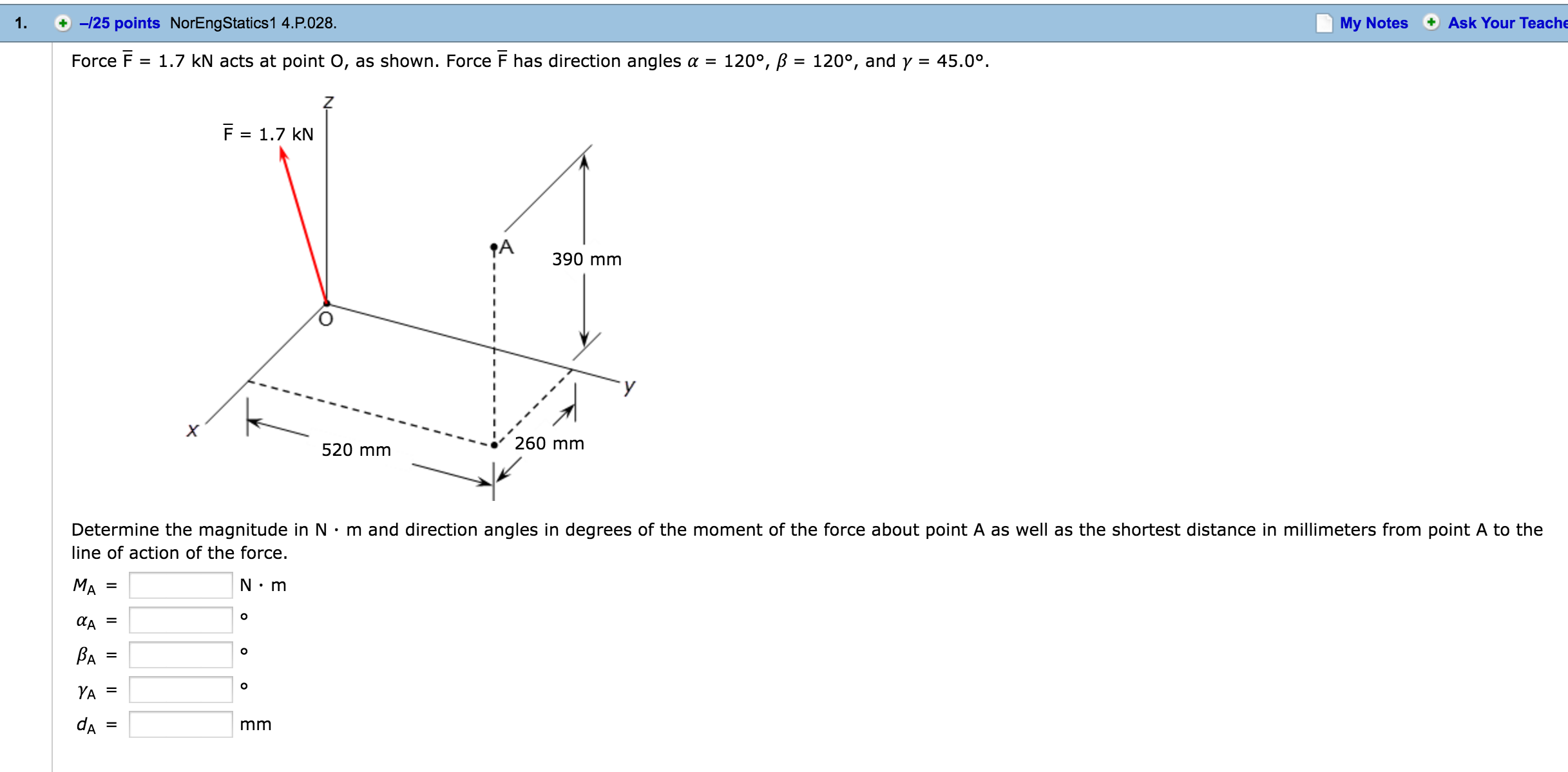 Solved Force F 1 7 Kn Acts At Point 0 As Shown Force F
