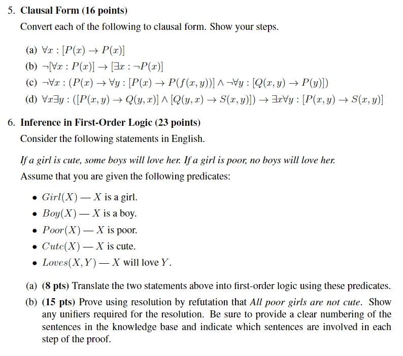 Solved 5. Clausal Form (16 points) Convert each of the | Chegg.com