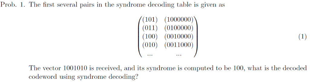 Solved The first several pairs in the syndrome decoding | Chegg.com
