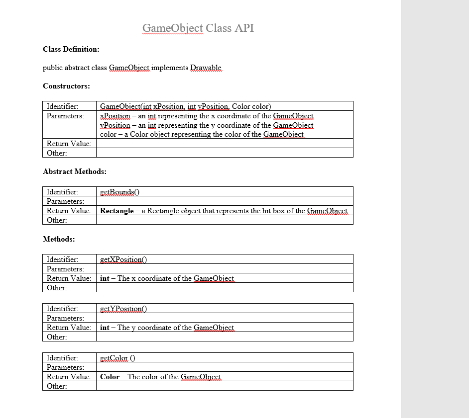 Solved Game Object Class API Class Definition: public | Chegg.com
