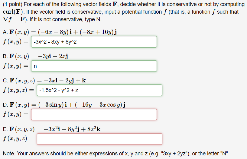 Solved 1 point) For each of the following vector fields F, | Chegg.com