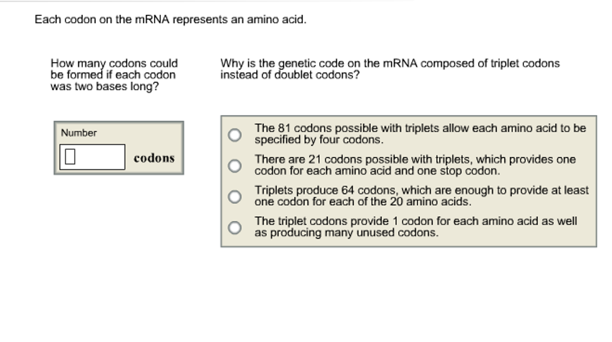 Solved Each codon on the mRNA represents an amino acid. How | Chegg.com