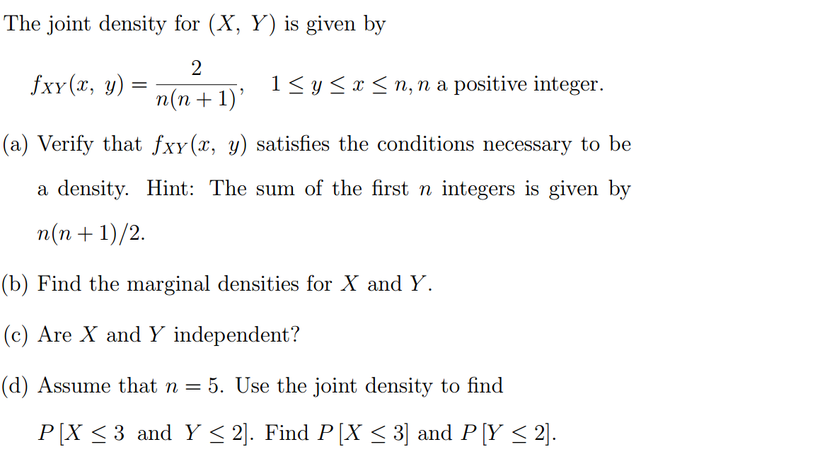 Solved The joint density for (X, Y) is given by 2 f_xY(x, y) | Chegg.com