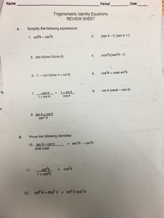 Solved Trigonometric Identity Equations REVIEW SHEET | Chegg.com