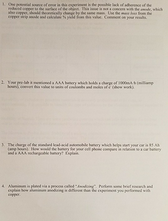 Solved 1. One potential source of error in this experiment | Chegg.com