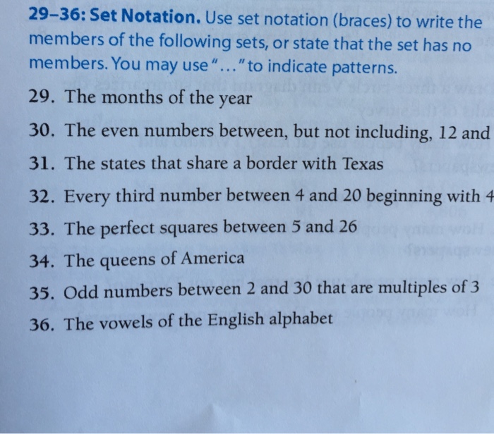 Solved 29?36: Set Notation. Use set notation (braces) to | Chegg.com