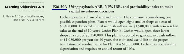 Solved Learning Objectives 2, 4 P26-30A Using payback, ARR, | Chegg.com